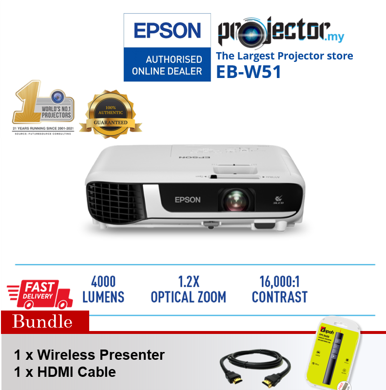 Epson EB-W51 WXGA 4000 Lumens Business Multimedia 3LCD Projector, HDMI Cable, Original Carrying ...
