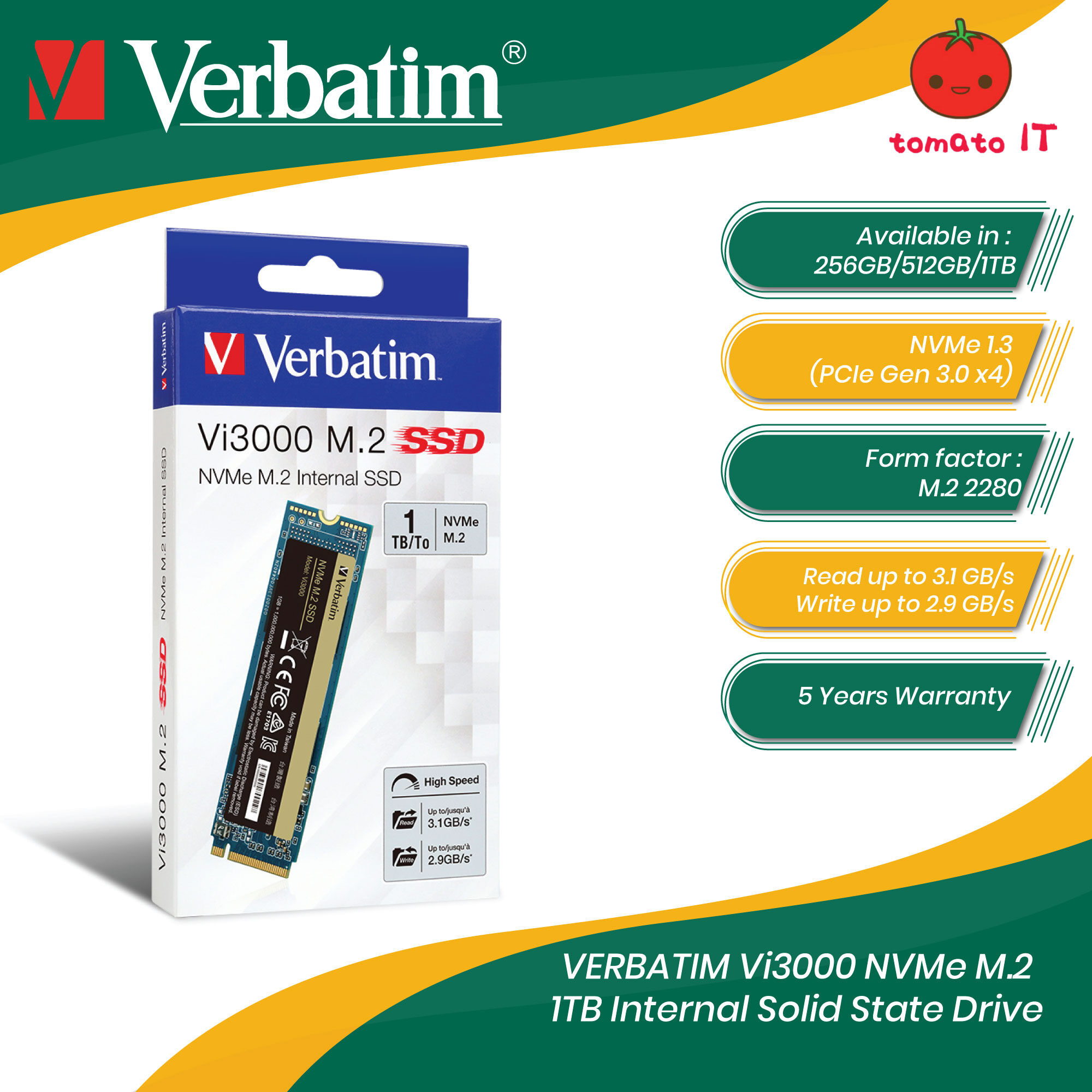 VERBATIM Vi3000 NVMe M.2 256GB/512GB/1TB Internal Solid State Drive ...
