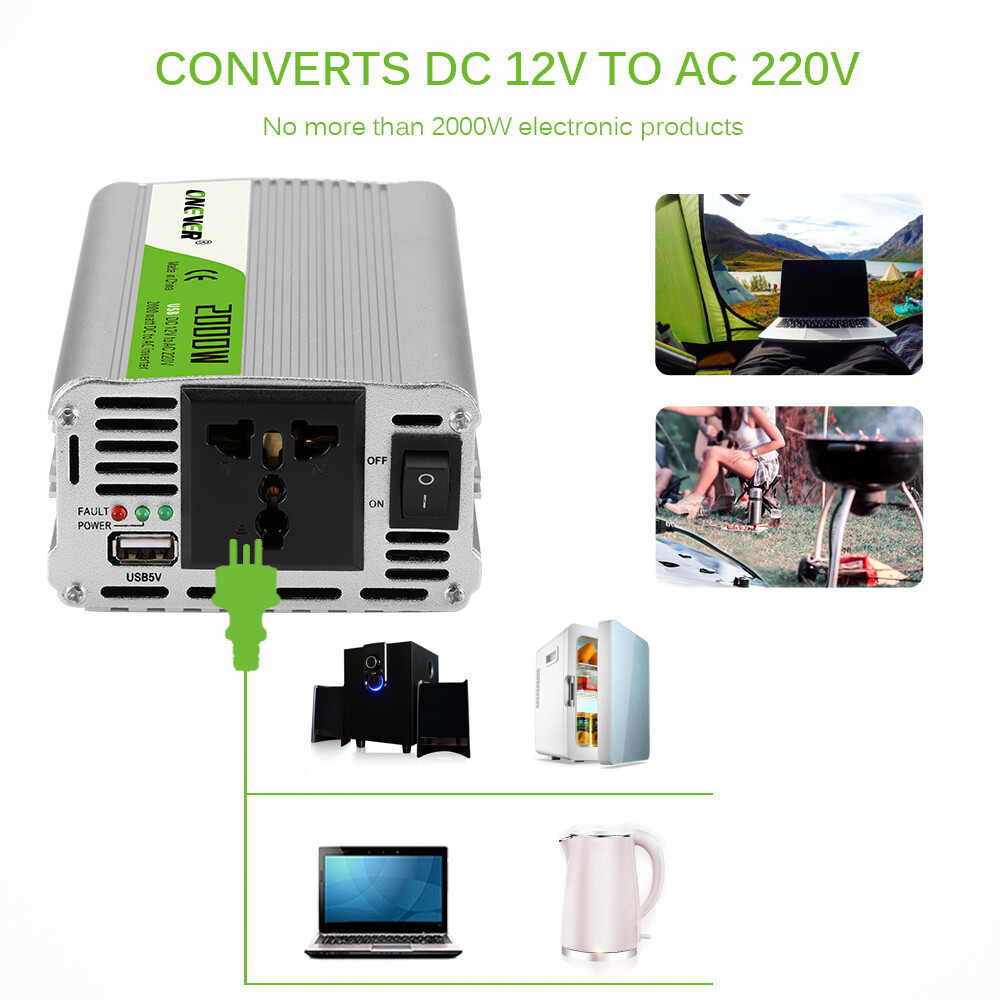 ONEVER 2000W รถแปลงกระแสไฟฟ้าอินเวอร์เตอร์ DC 12V To AC 220V Converter ...