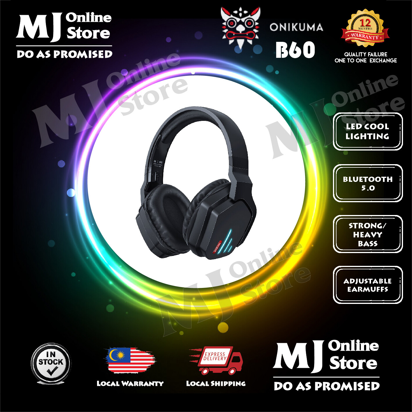 ONIKUMA B60 Bluetooth 5.0 Strong Bass Wireless RGB Professional Gaming ...