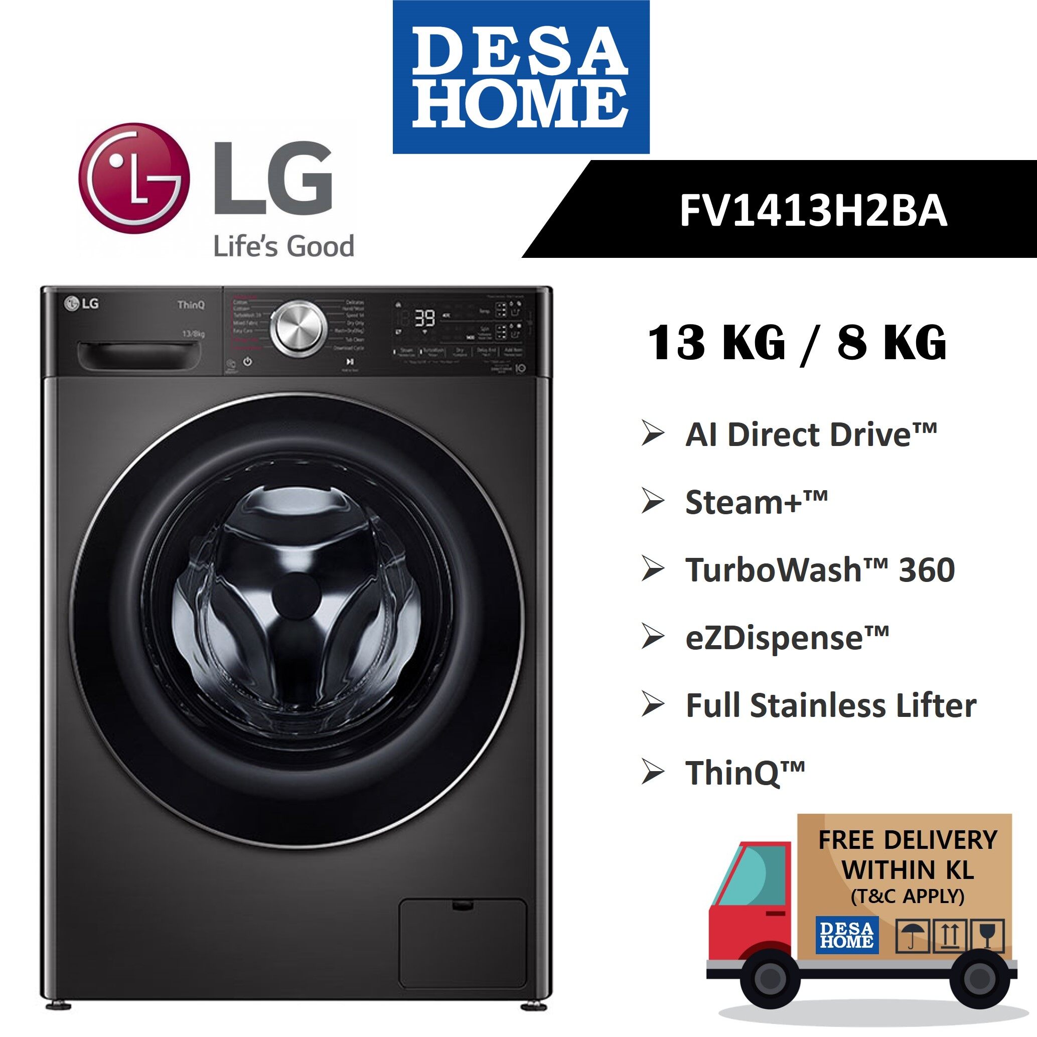 (FOC SHIPPING WITHIN KL) LG FV1413H2BA 13/8KG AI DIRECT DRIVE FRONT ...