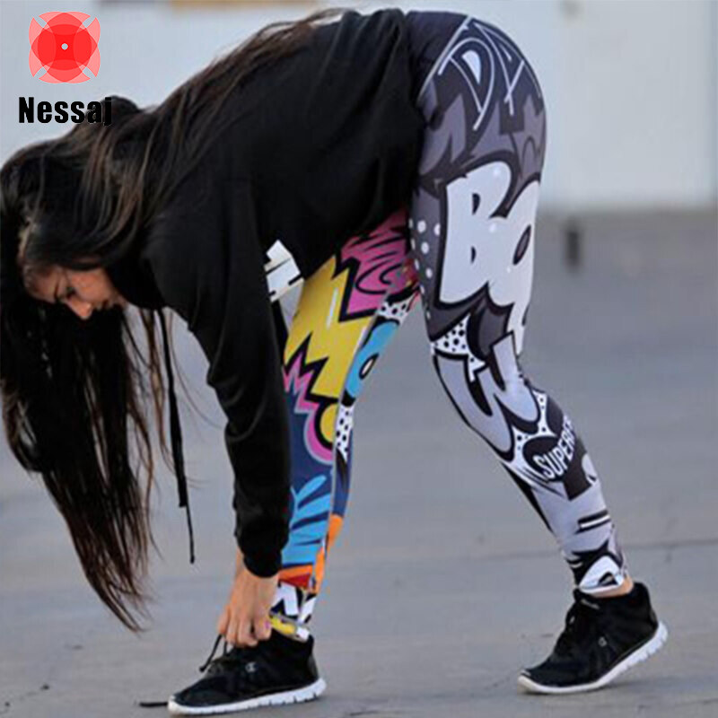Nessaj กีฬาวิ่งกางเกงโยคะสำหรับผู้หญิงเอวสูงการ์ตูนแบบ 3D พิมพ์ยิม ...