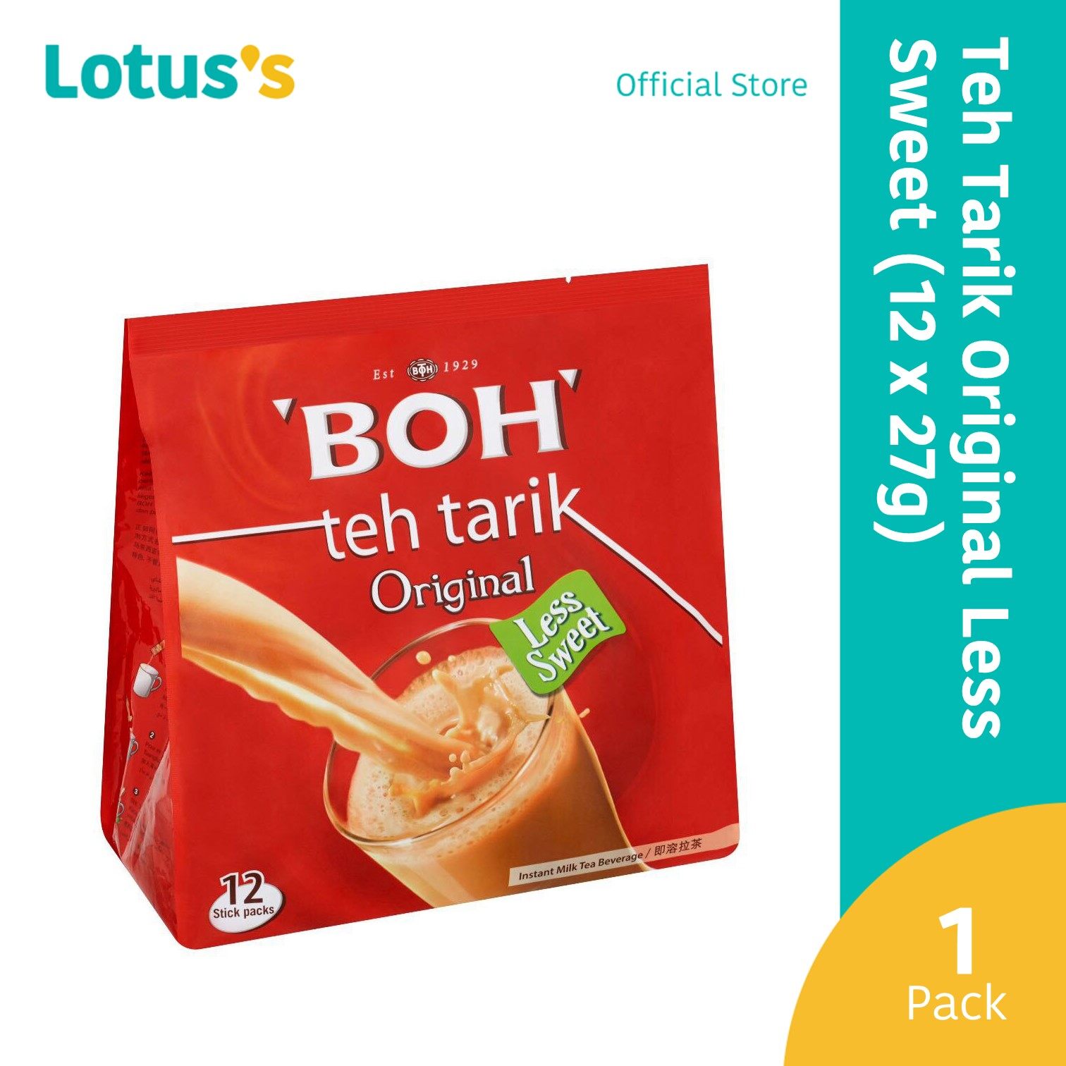 BOH Teh Tarik Original Less Sweet Instant Milk Tea Beverage 12 x 27g ...