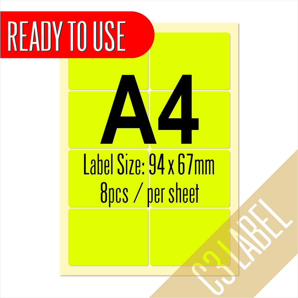 A4 Fluorescent Yellow Sticker / Pre Cut Yellow Color Sticker (10 sheets ...