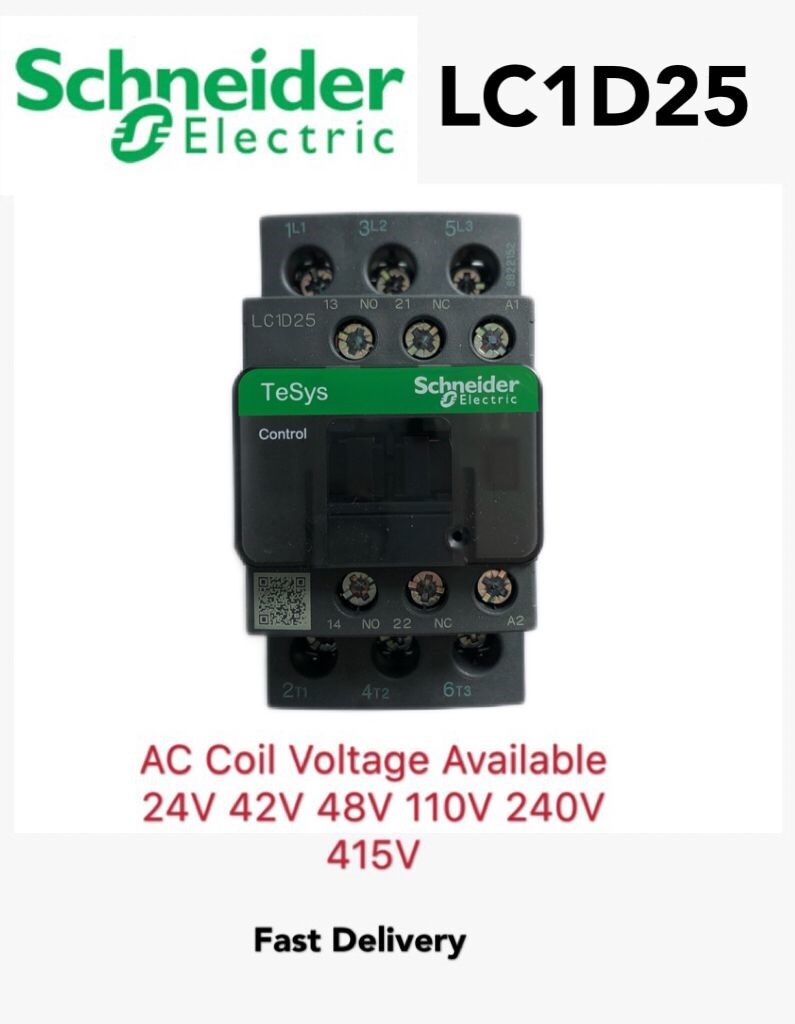Schneider Contactor LC1D25 AC Coil Voltage 24 / 42 / 48 / 110 / 240 / 415 VAC 25A 11KW 3P [Ready ...