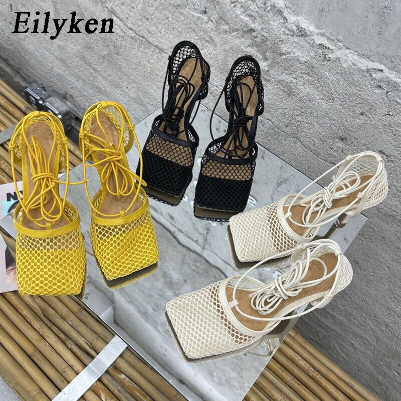Sexy Green Mesh Pumps Sandals Female Square Toe High Heel Lace Up Cross ...