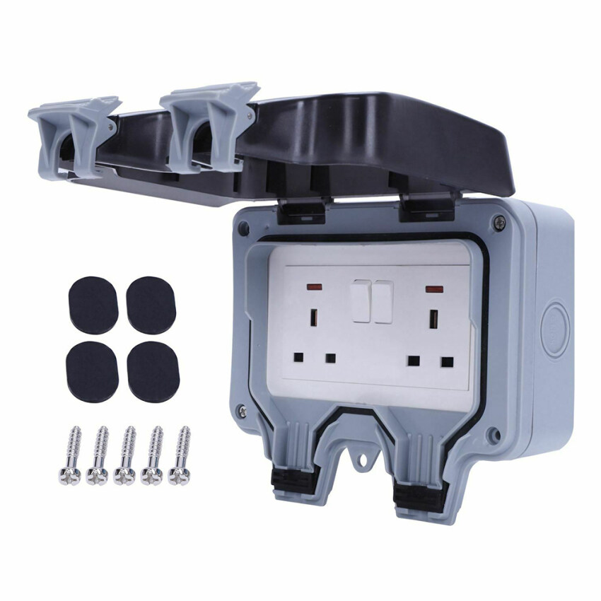 Power Electric Socket Switch 2 Gang Weatherproof Outdoor Garden Plug ...