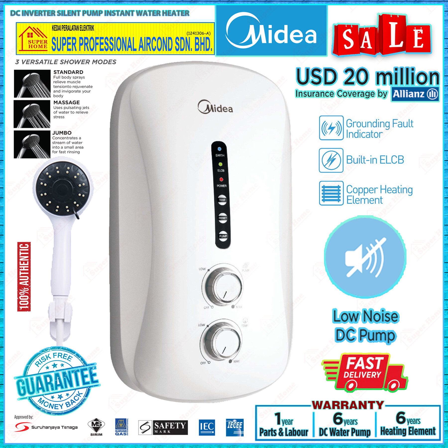 Midea Water Heater MWH-38P3 (White) DC Silent Booster Pump Instant ...