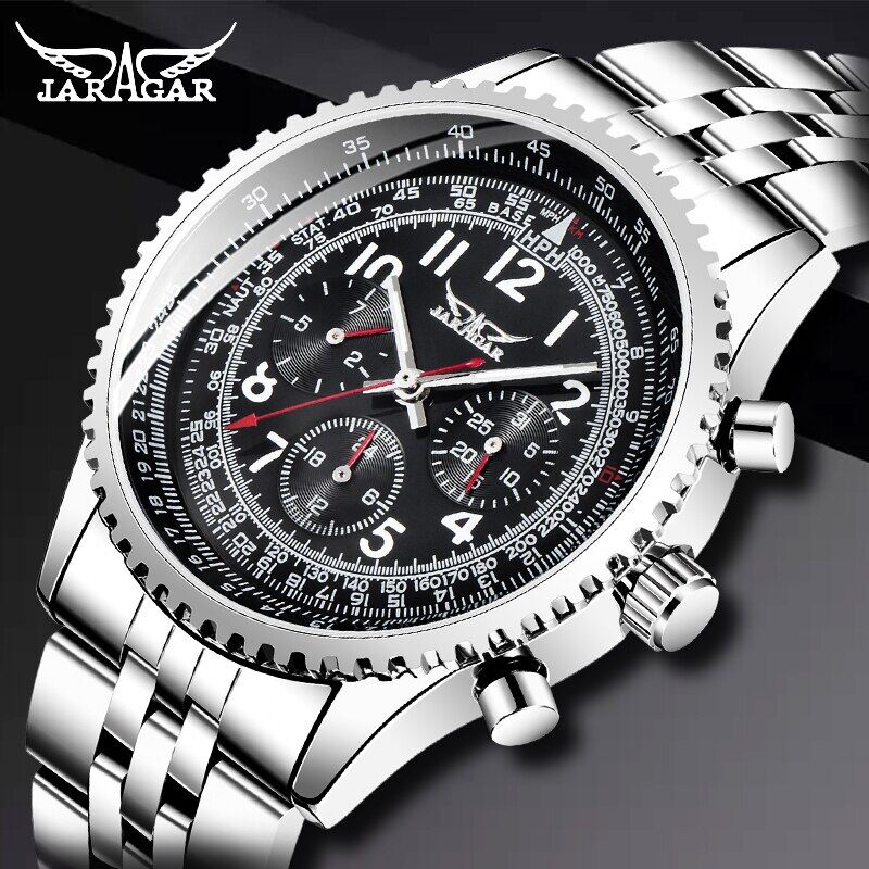 JARAGAR Pilot นาฬิกาออโตเมติกผู้ชายสีดำ3 Dial Multifunction วันที่เหล็กกีฬานาฬิกาแบรนด์ชั้นนำ ...
