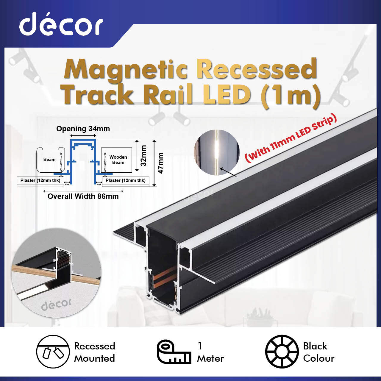 Magnetic Track Light Accessories 1M Magnetic Track Rail Recessed ...
