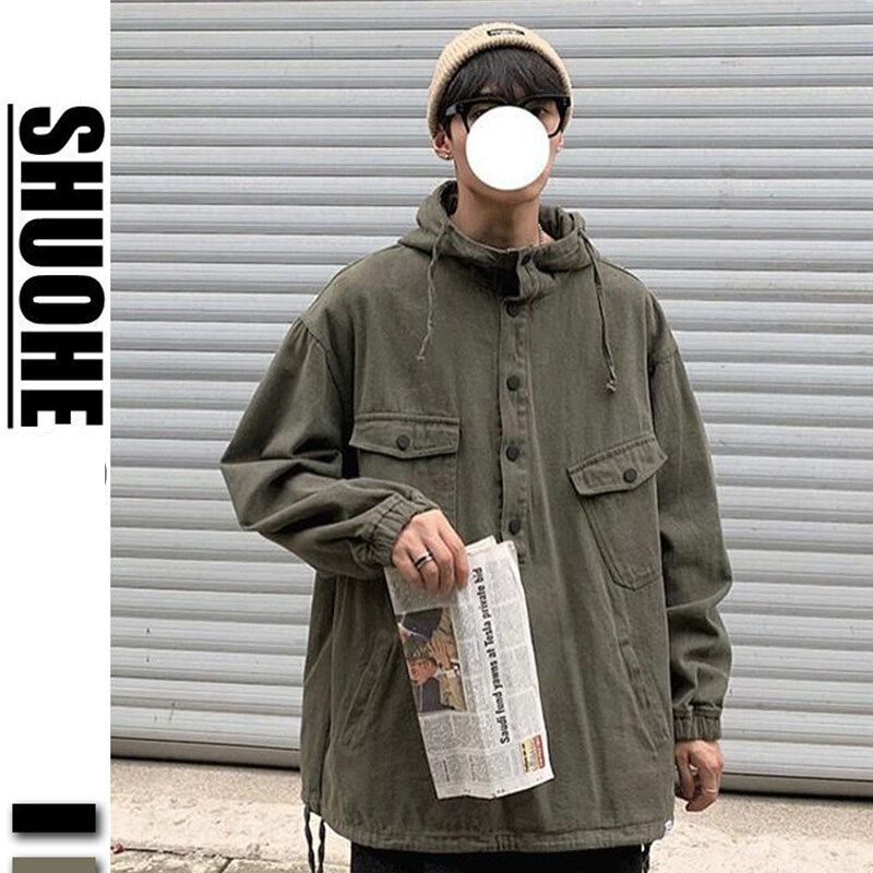 KYUSHUAD ผู้ชายลมทนหลวมคลุมด้วยผ้าแจ็คเก็ตคาร์โก้,หลายกระเป๋ากองทัพสี ...