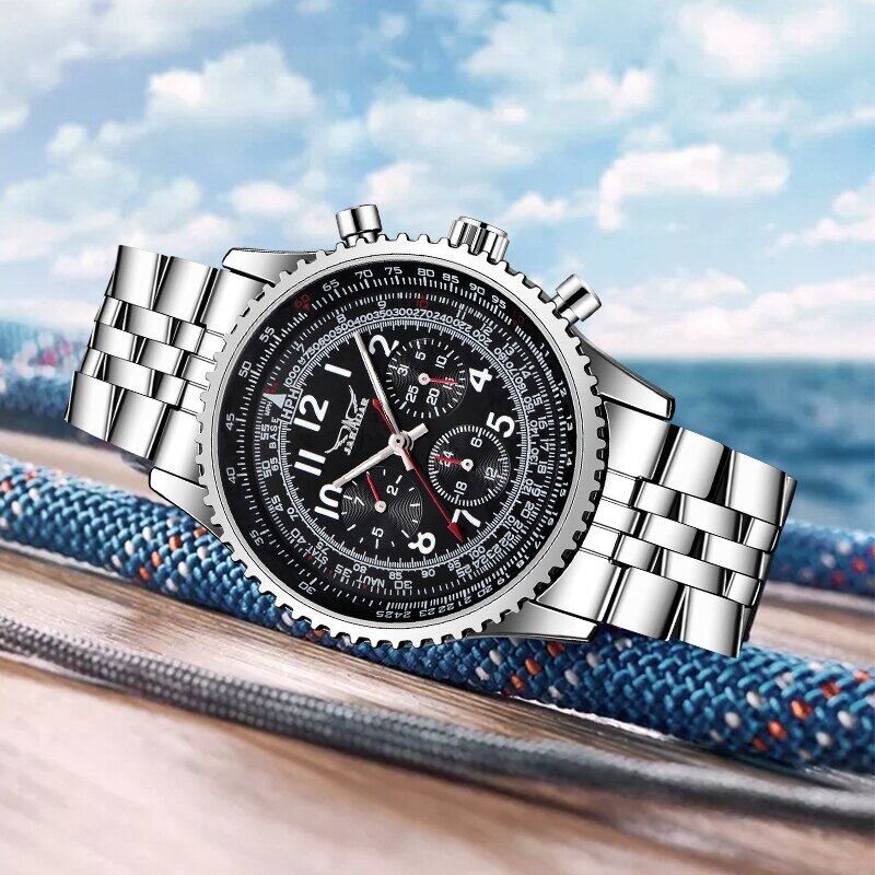 JARAGAR Pilot นาฬิกาออโตเมติกผู้ชายสีดำ3 Dial Multifunction วันที่เหล็กกีฬานาฬิกาแบรนด์ชั้นนำ ...