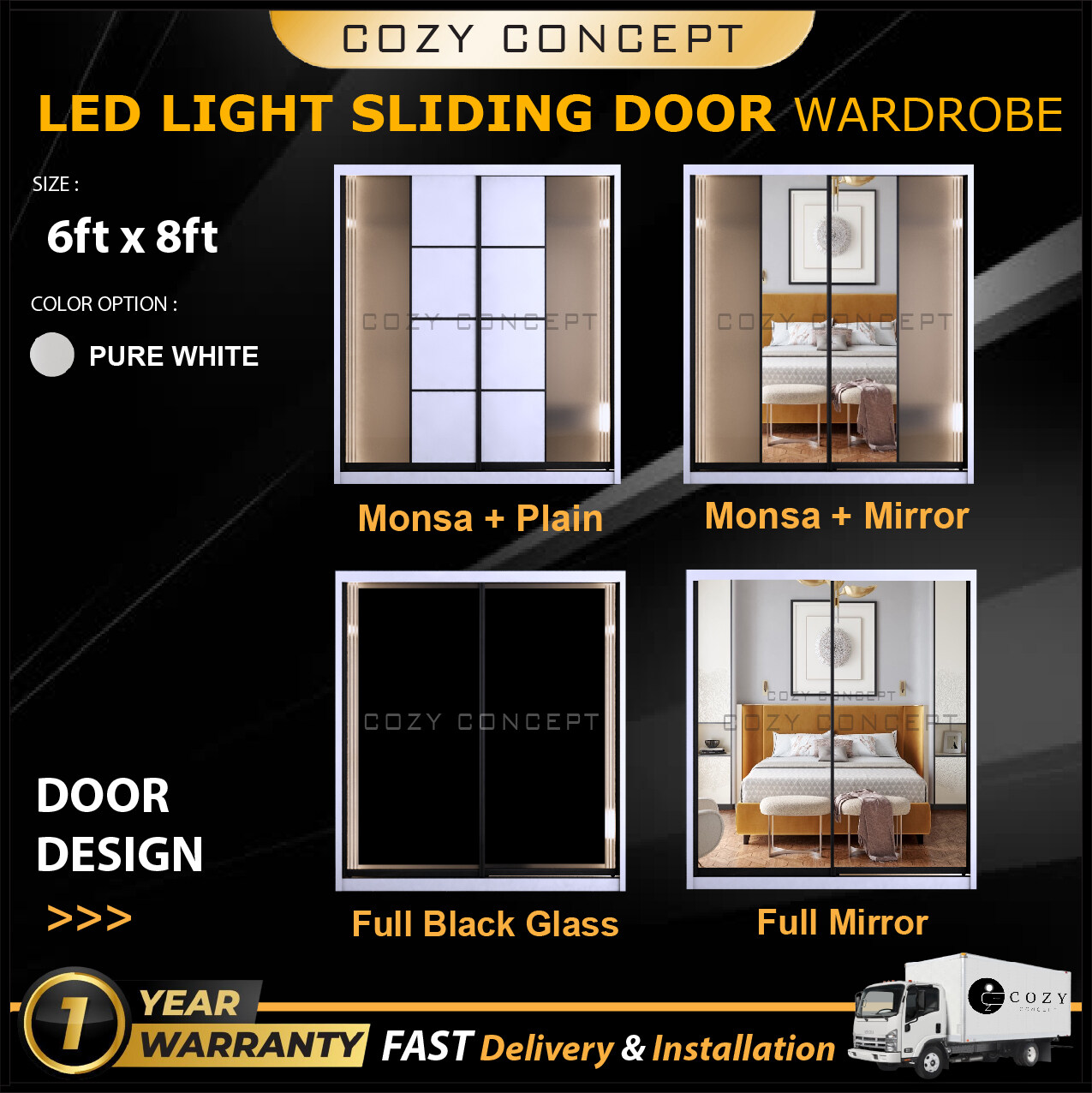 [FREE INSTALL] Almari Baju Full Glass Cermin with LED Light /Mirror ...