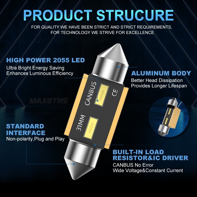 MAXGTRS 2x Festoon 31mm 36mm 41mm C5W LED Bulbs Canbus Dome Reading Trunk Door Lamp License ...