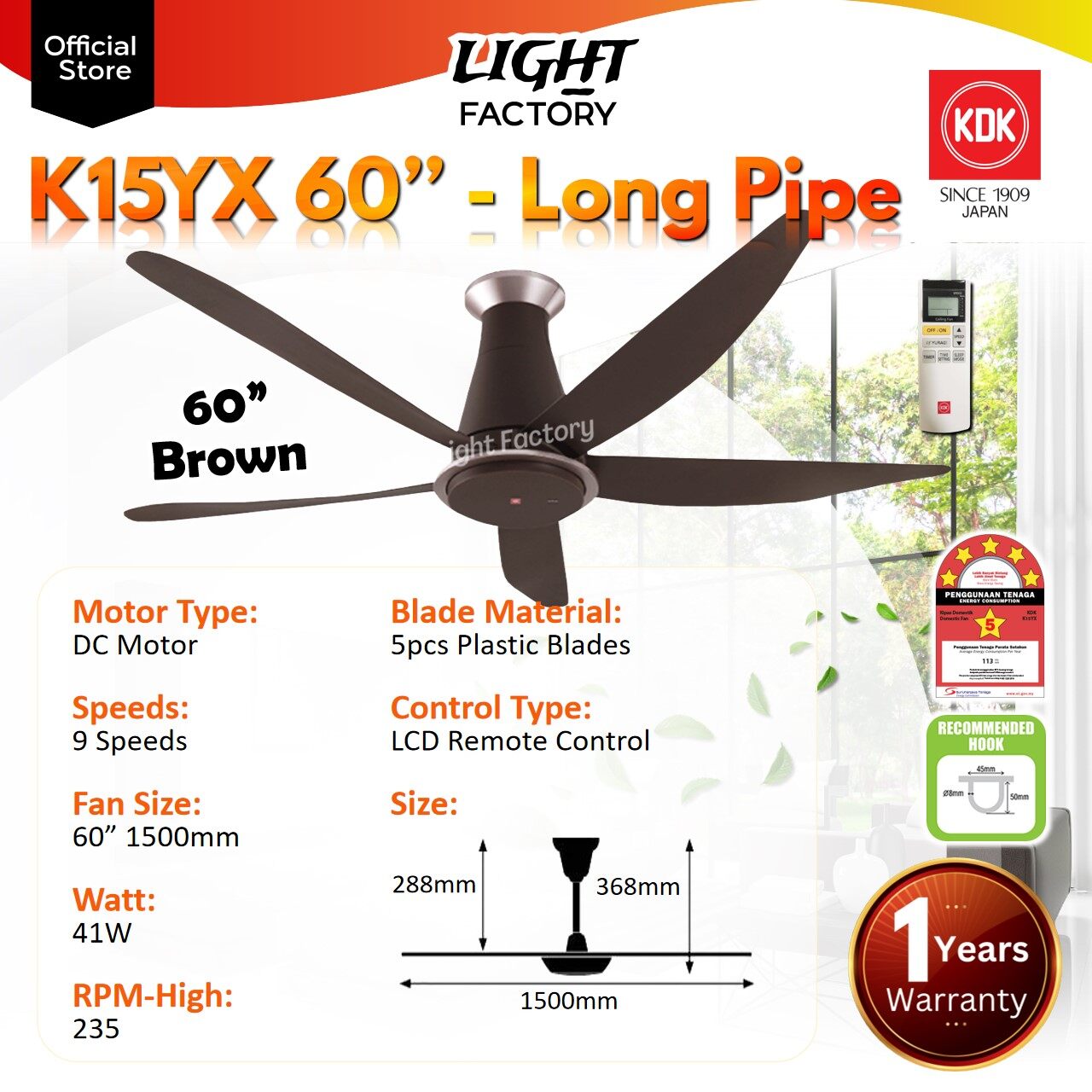 KDK K15YX-QBR K15YX-RBR 60" 5 Blades DC Motor Ceiling Fan with 9 Speed ...