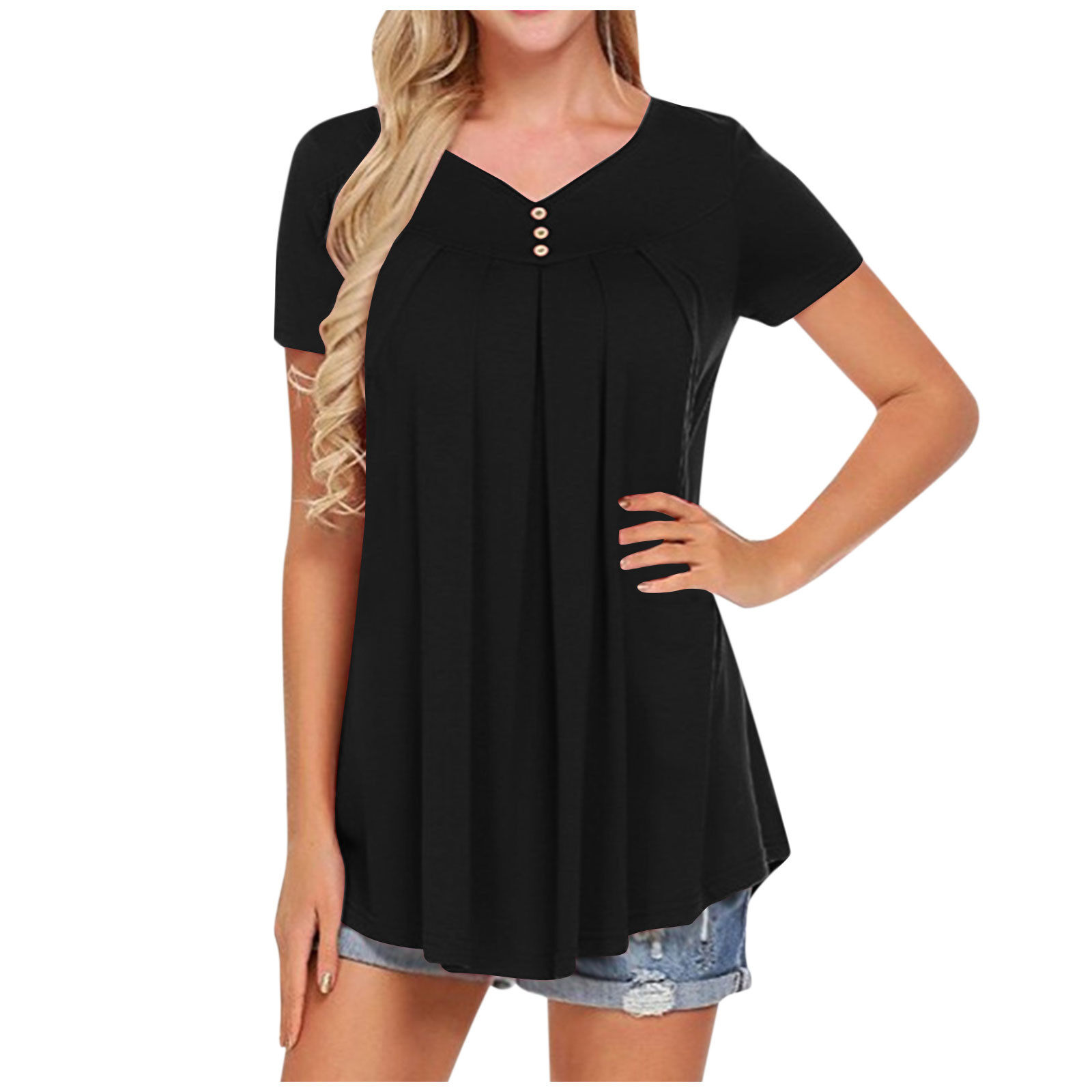 FDBG เสื้อสวมศีรษะของผู้หญิง,เสื้อสีพื้นแขนสั้นคอวีลำลองสำหรับฤดูร้อน ...