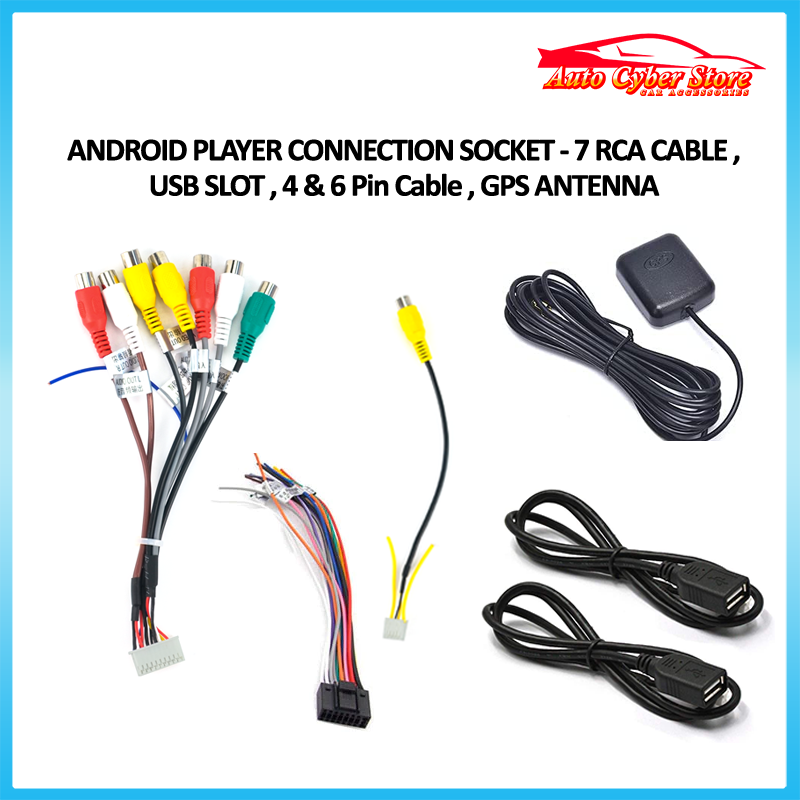 Connector socket Cable for Android Car Player - 7 RCA CABLE , USB SLOT , 4 & 6 Pin Cable , GPS ...
