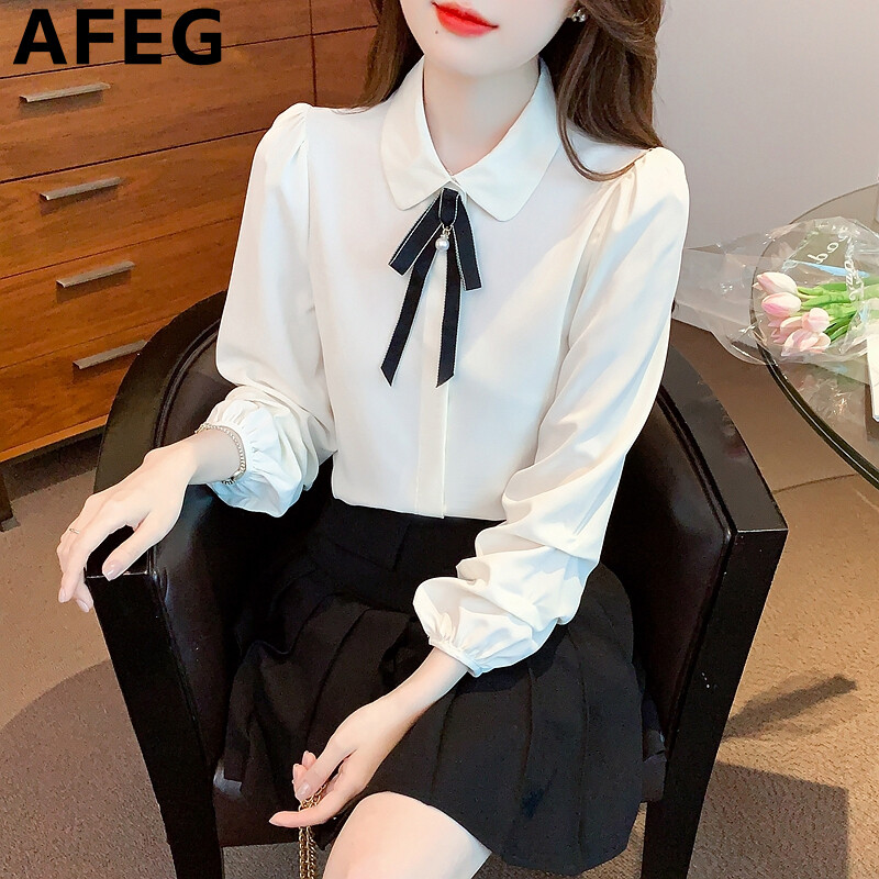 AFEG สีทึบเกาหลีคอตุ๊กตาโบว์แฟชั่นหลวมอเนกประสงค์ชีฟองเสื้อแขนยาวสำหรับ ...