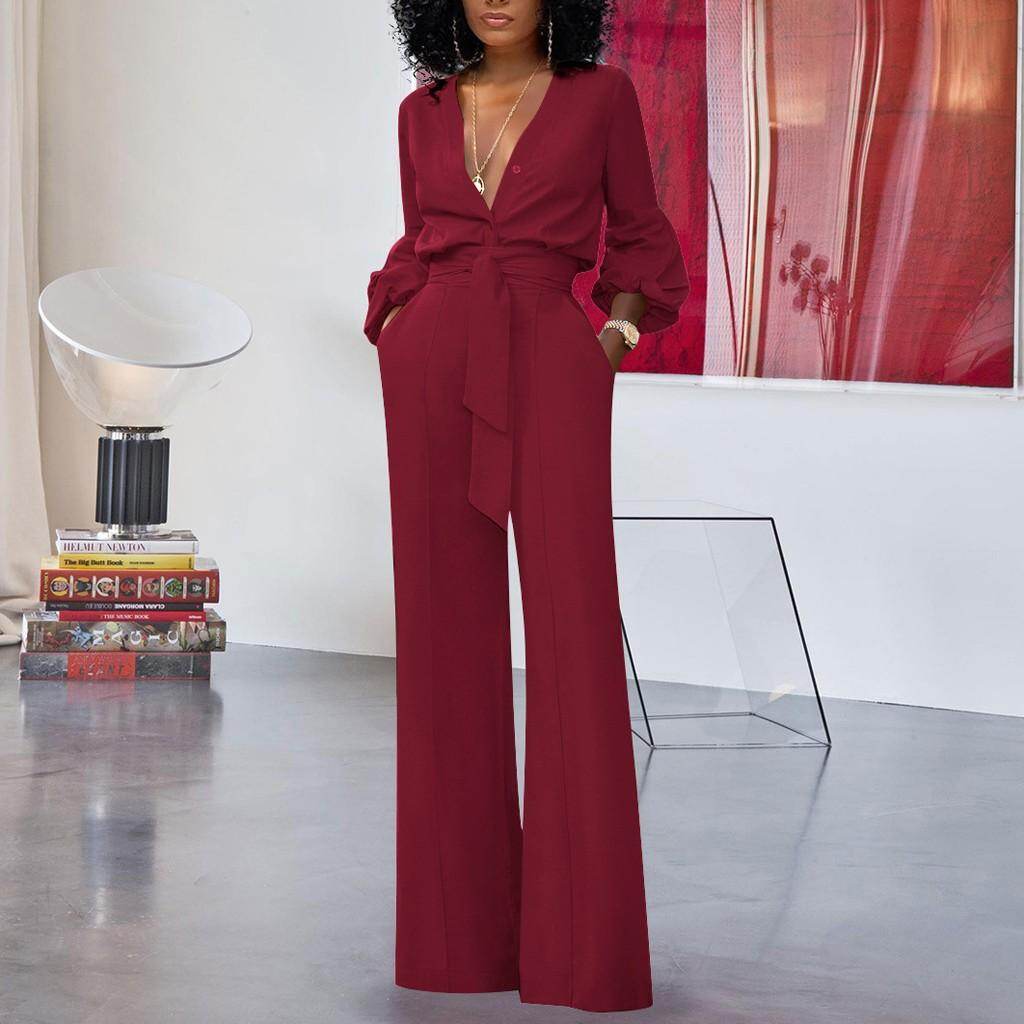 VIKIKI ผู้หญิงแฟชั่นสีทึบพิมพ์สายคล้อง N-คอตรงกางเกง Jumpsuit ชุด ...