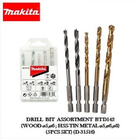 MAKITA HEX SHANK 1/4" DRILL BIT SET 5,6-WOOD 5,6,8-METAL 5pcs SET( D ...