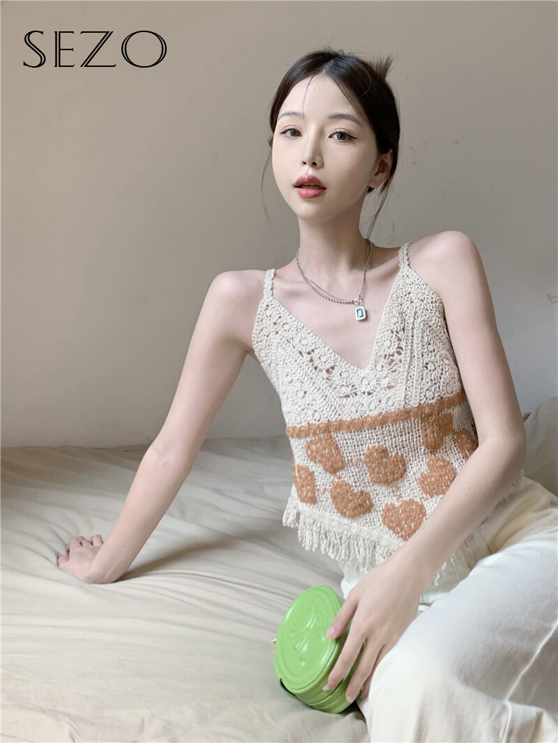 SEZO เวอร์ชั่นเกาหลีเซ็กซี่กลวงคอวีขอบดิบถักยกทรงสำหรับผู้หญิง - Sezo ...