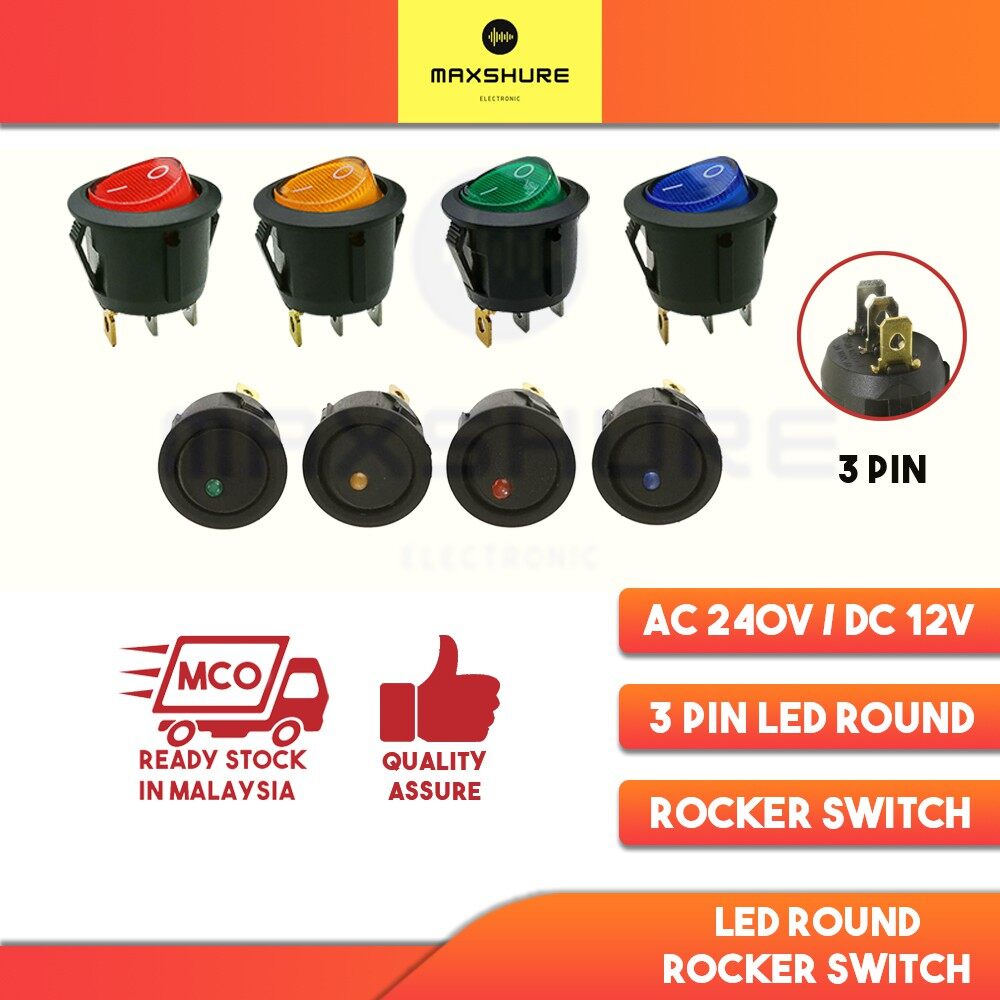 [MaxShure] 3 Pin AC 240V / DC 12V LED Light / Dot LED On-OFF SPST Panel ...