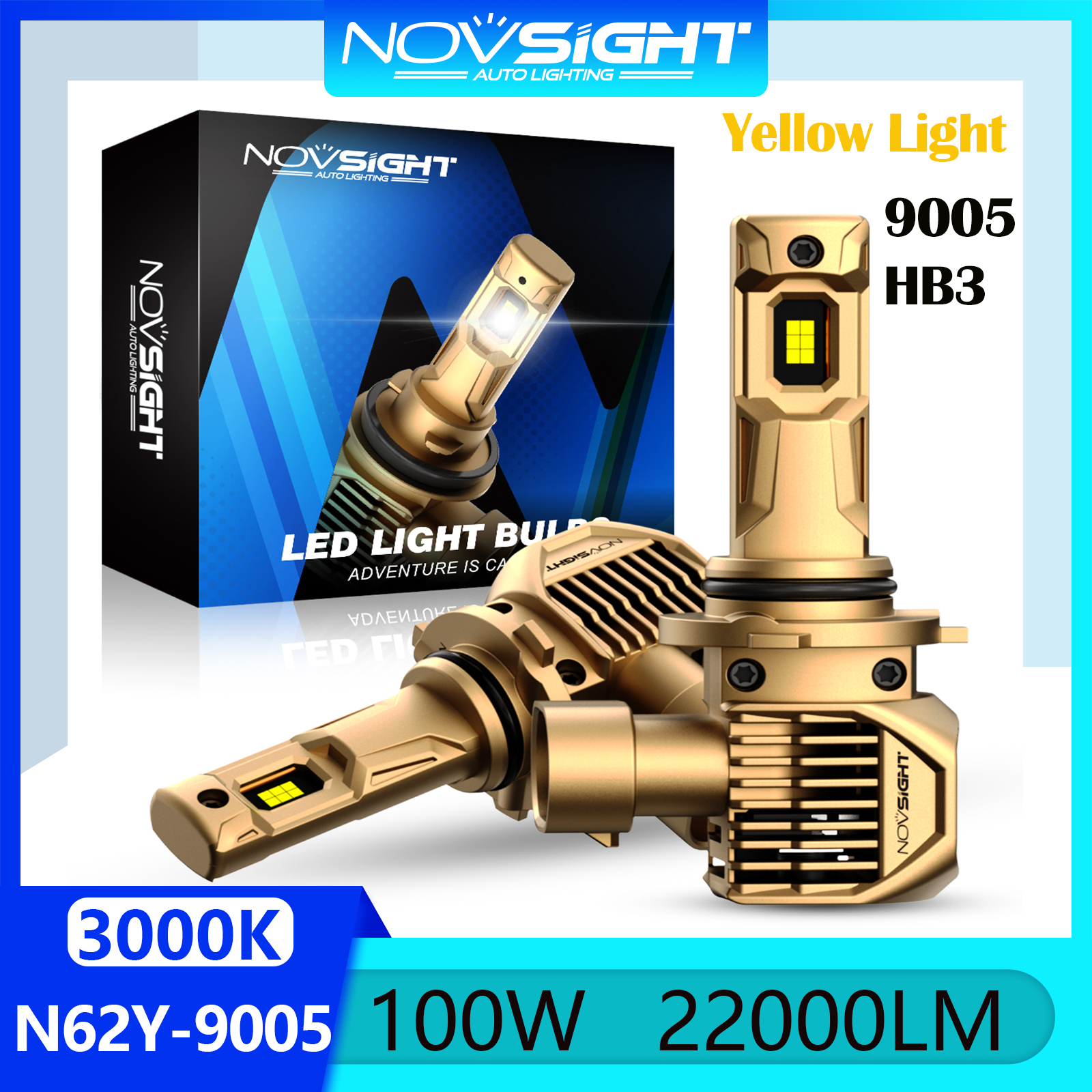 Novsight N62Y HB3 9005 LED Headlight Bulb 3000K Yellow Light Extremely ...