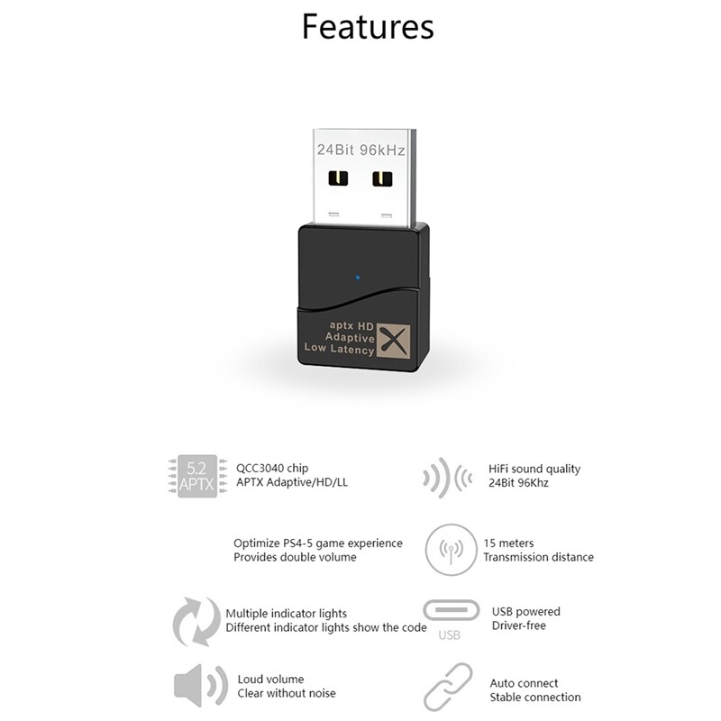 APTX Adaptive Transmitter, USB Bluetooth 5.2 Audio Transmitter, Driver ...