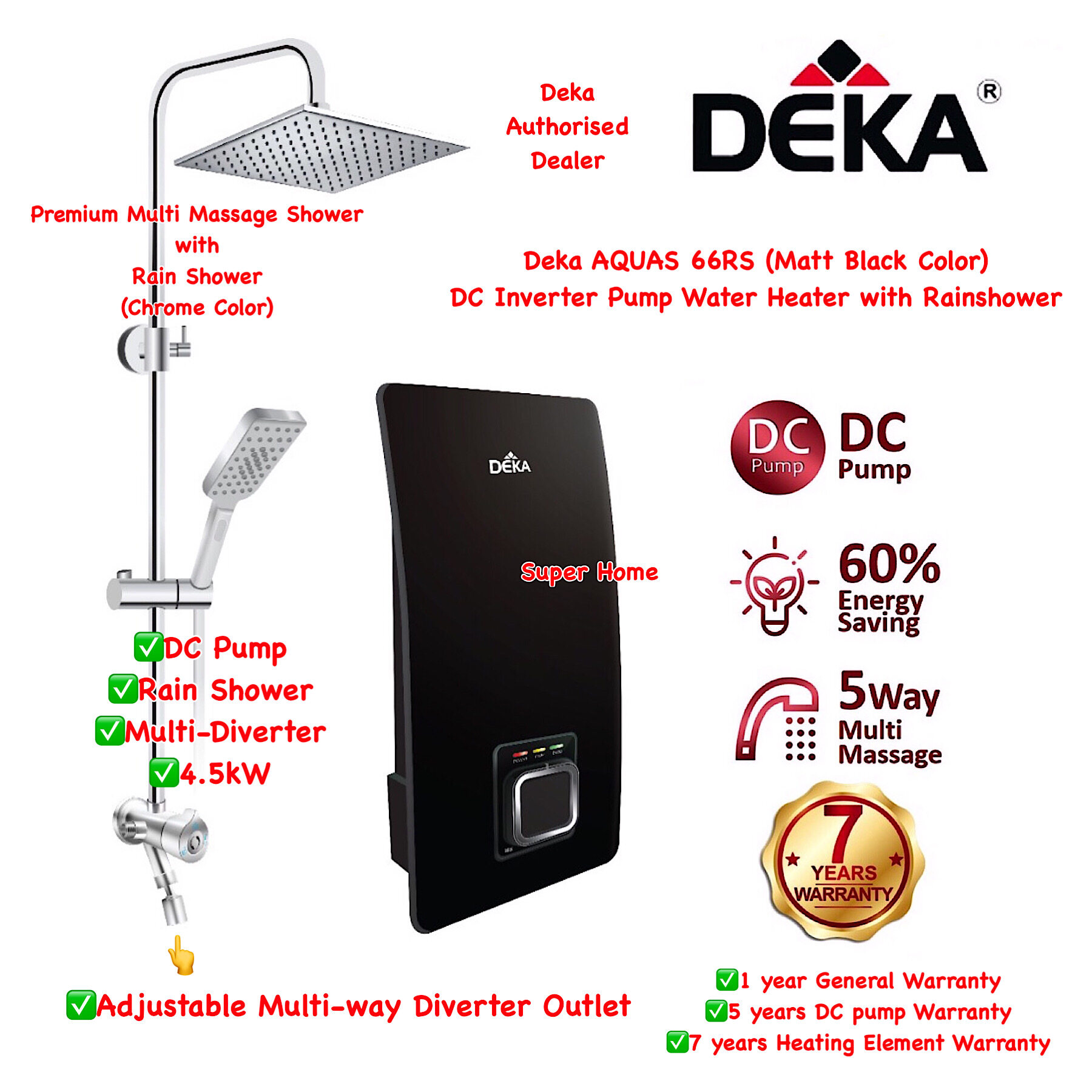 Deka Water Heater AQUAS 66RS with Rain Shower DC Inverter Booster Pump - Aquas Series (Chrome ...