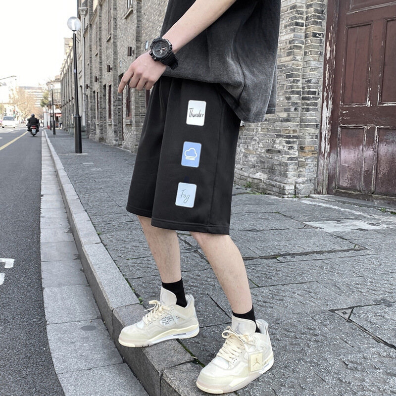 MJ กางเกงขาสั้นผู้ชายเรียบง่ายพิมพ์ตรงหลวมห้าจุดกางเกงขนาดใหญ่กางเกงวอร ...