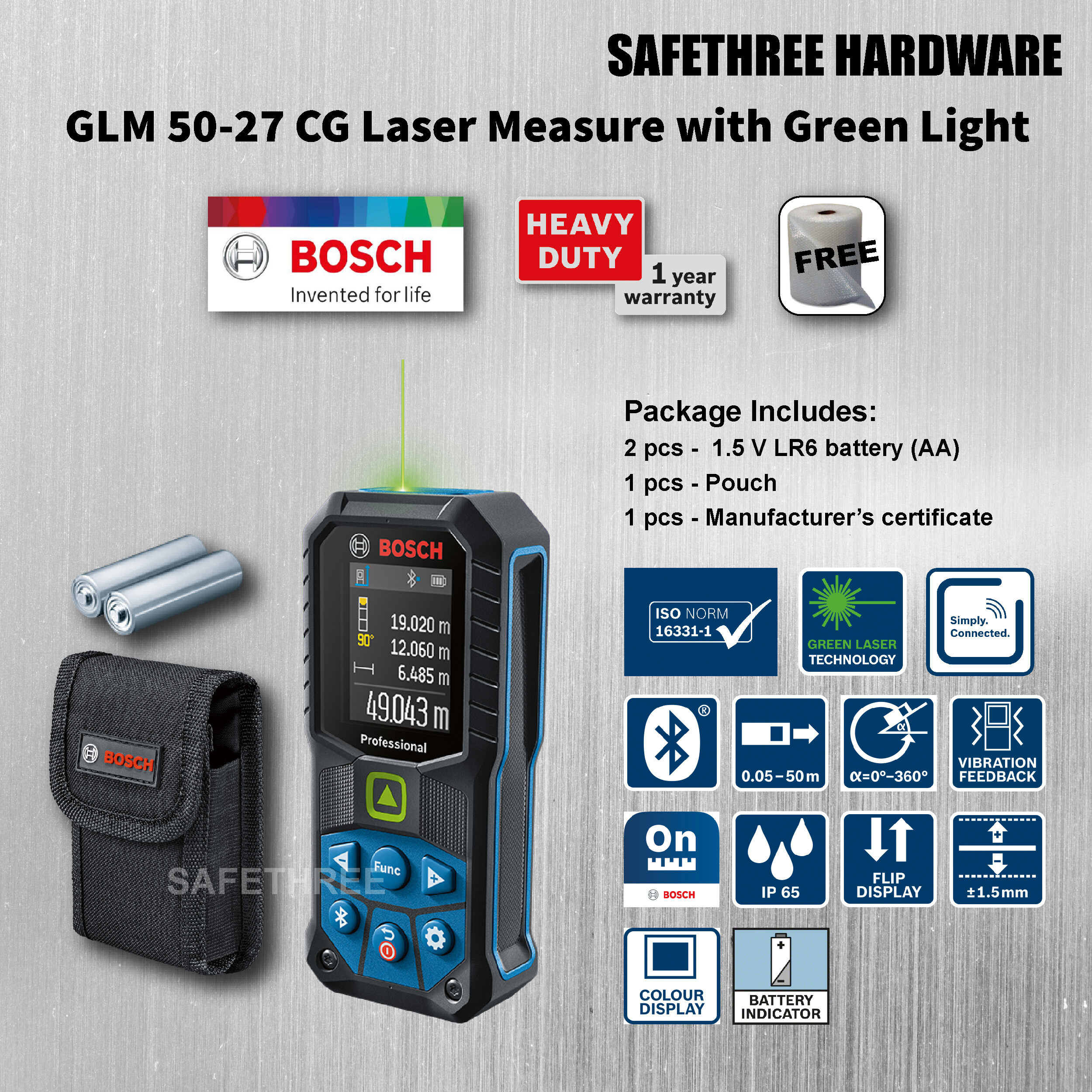 Bosch GLM50-27CG Laser Measure with Green Light FOC Battery & Pouch / GLM 50-27 CG Pengukuran ...