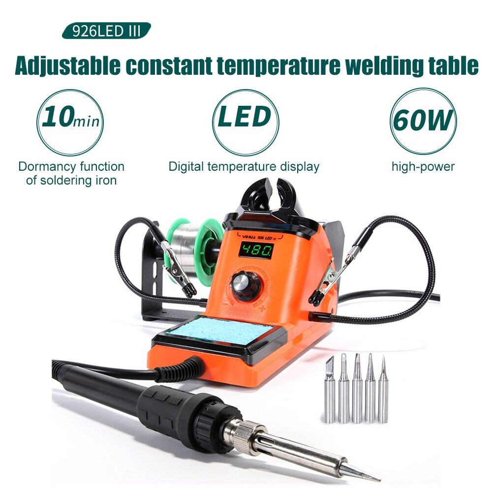 926LED III Digital Soldering Iron Station Kit, 60W Auto Sleep, 2 Helping Hands, 5 Extra Iron ...