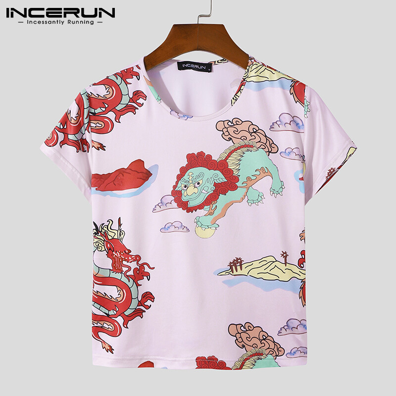 INCERUN เสื้อลำลองลายดอกไม้แขนสั้นสำหรับผู้ชายเสื้อยืดสำหรับใช้ใน ...