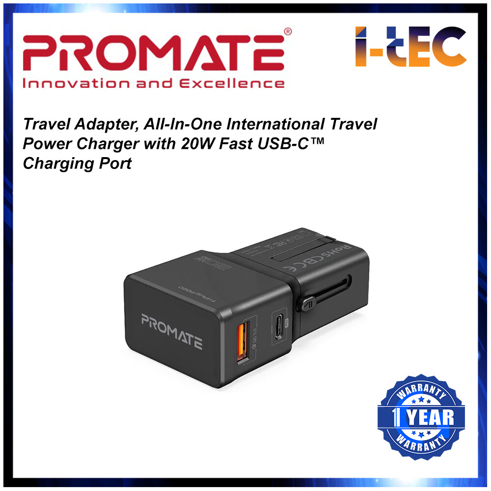 Promate Travel Adapter Power Charger with 20W Fast USB-C™ Charging Port ...