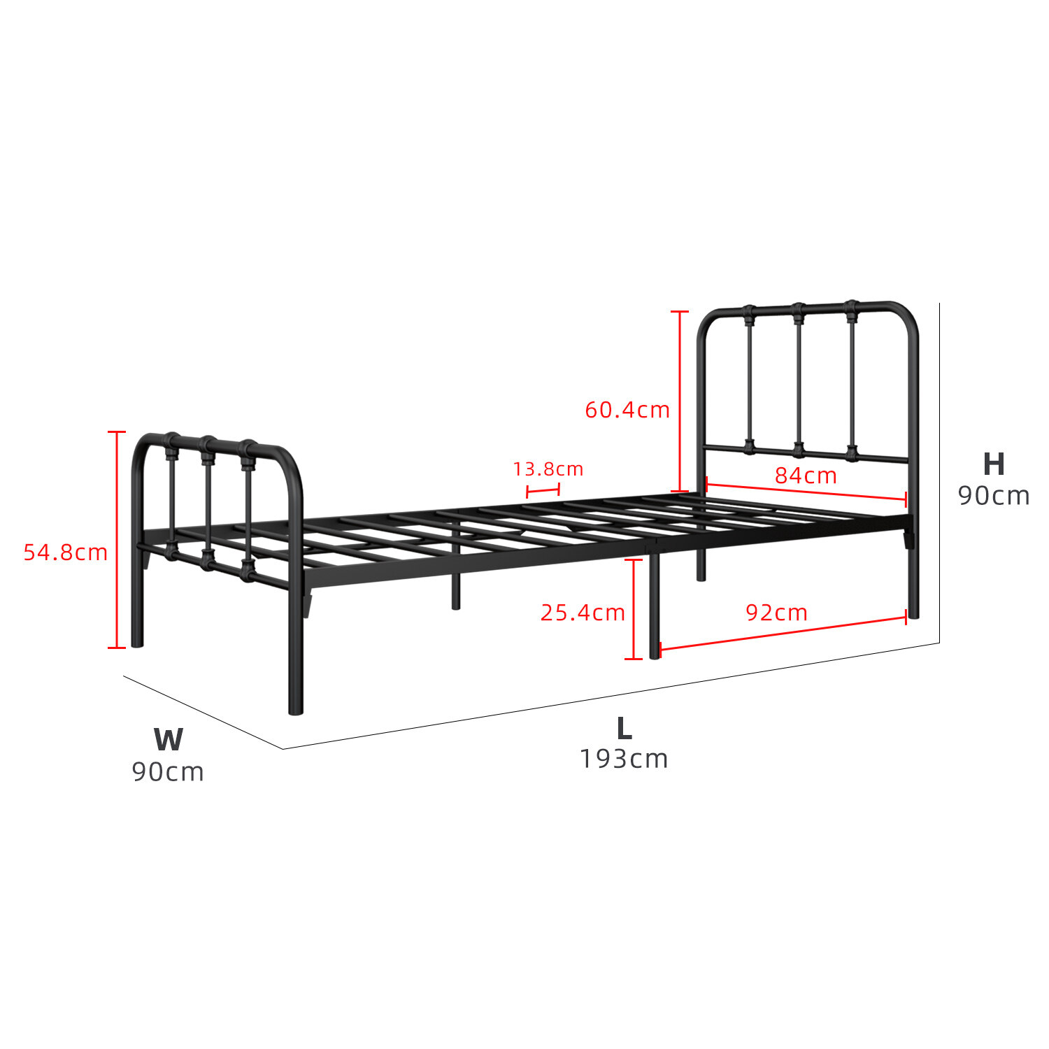 KitchenZ 6.2FT 3V Single Size Powder Coat Metal Bed Frame-3VFY900F/0005 ...