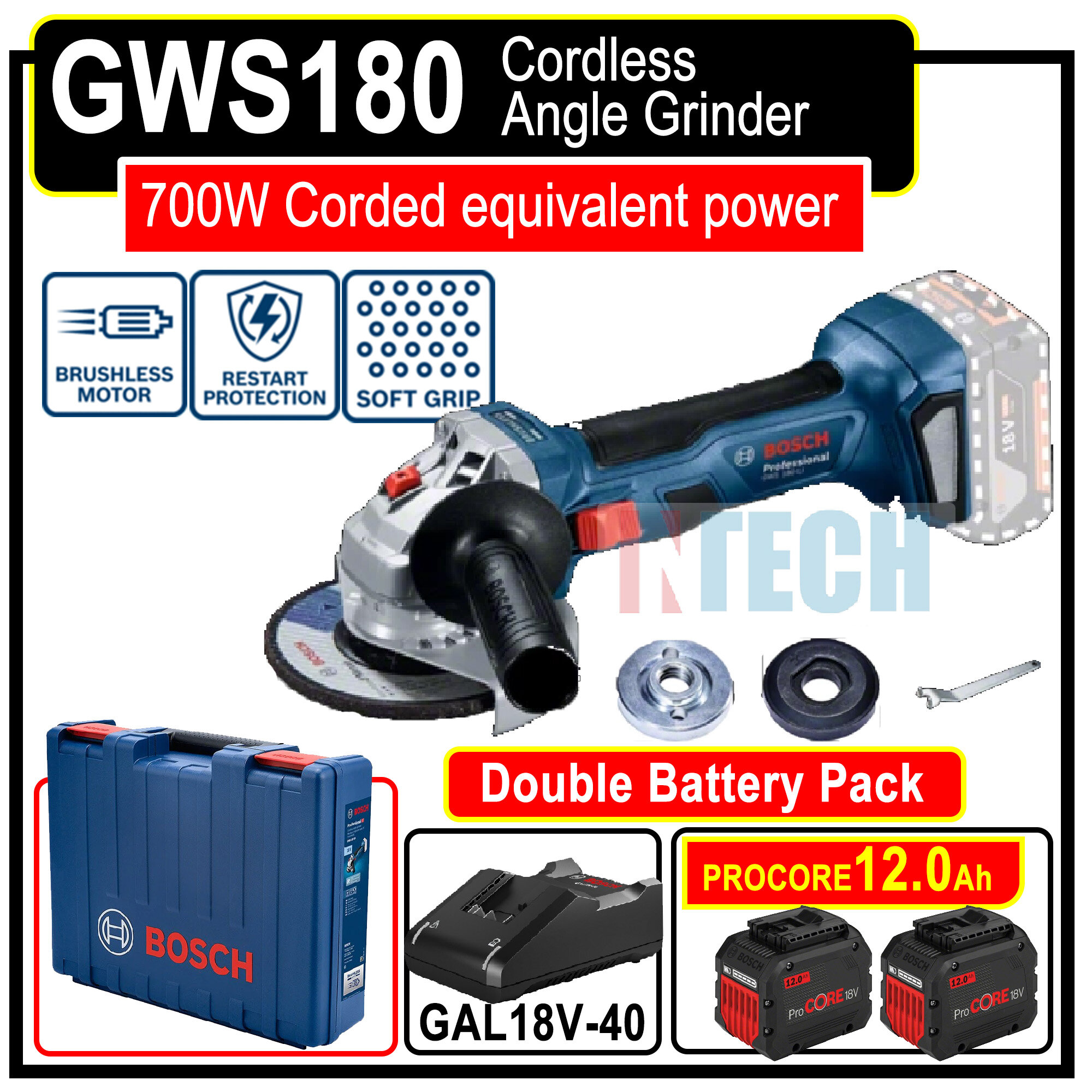 BOSCH GWS180-LI 18V CORDLESS BRUSHLESS ANGLE GRINDER + GAL18V-40 ...