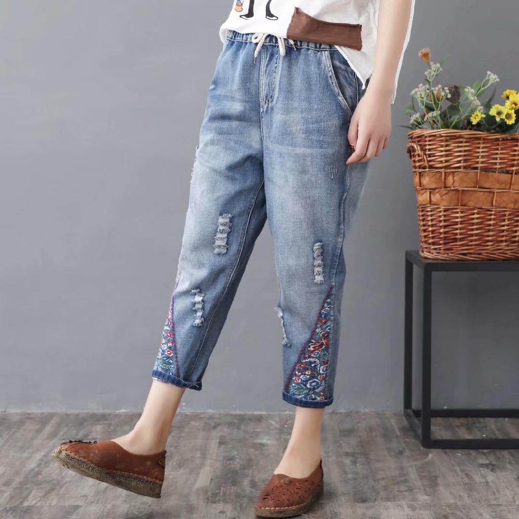 【มีไซส์ใหญ่】Plus Size M-3XL Women's Ankle Jeans Casual Floral ...