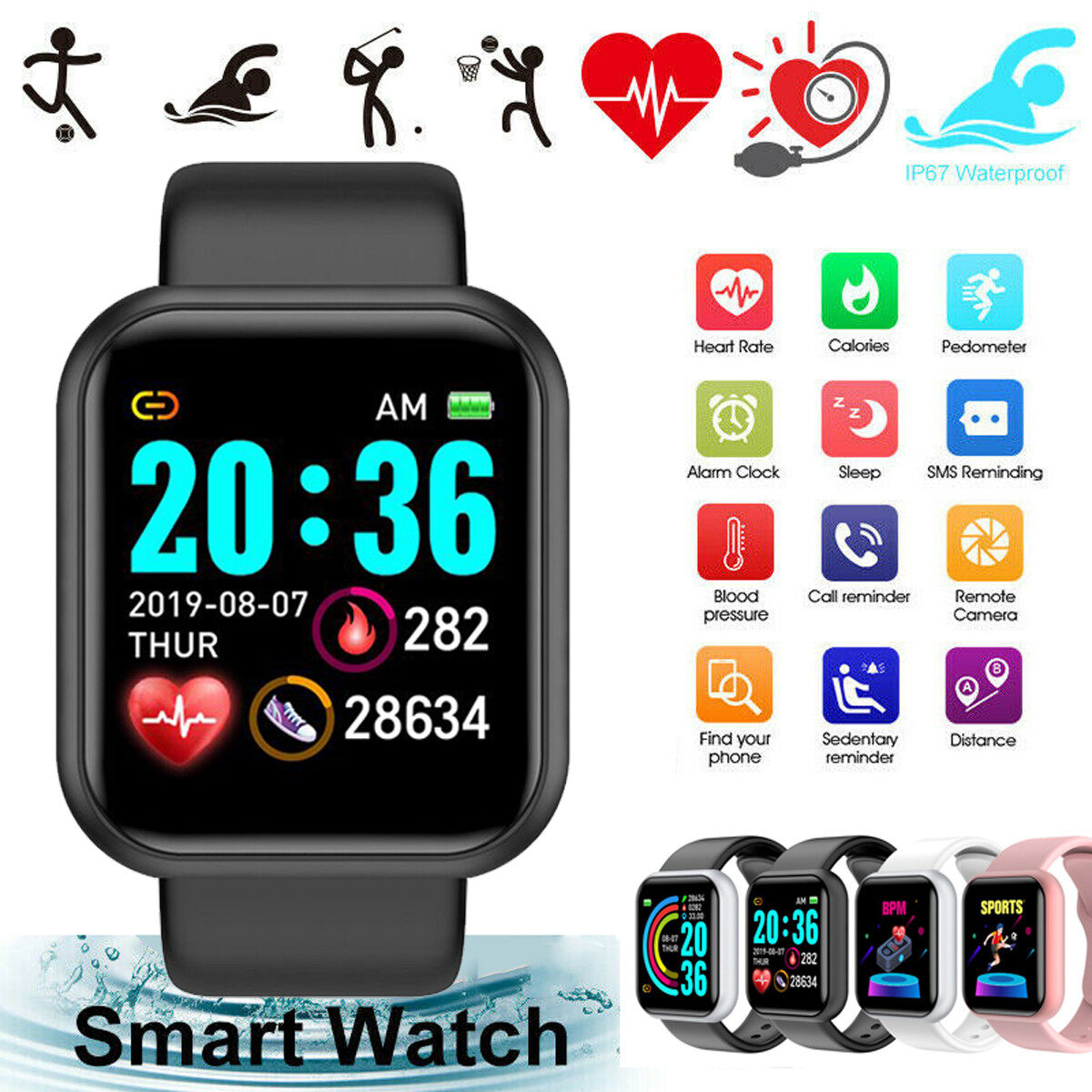 A6 Large Color Screen Blood Pressure Smart Watch, Smart Heart Rate ...