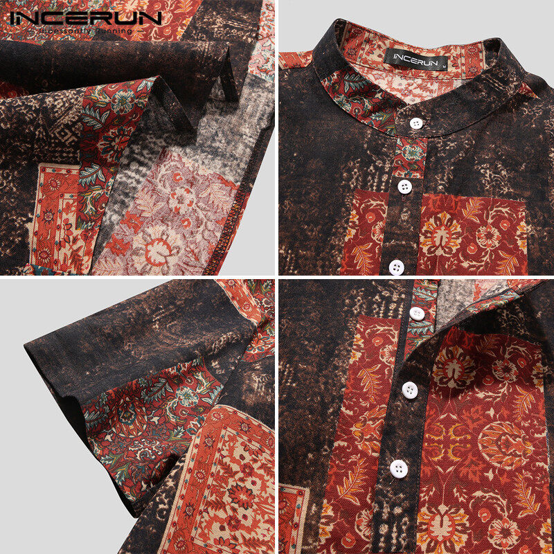 (สไตล์) INCERUN Vintgaeผู้ชายแขนสั้นเสื้อT Floral Casual Henleyเสื้อ ...