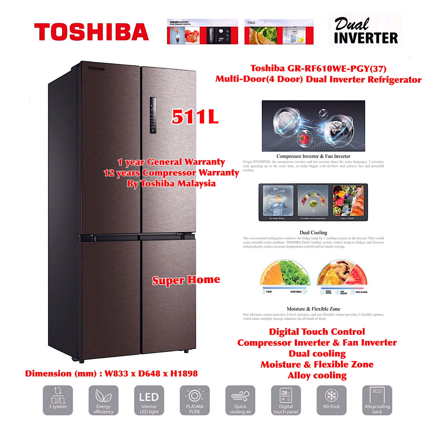 Toshiba Multi-Door Refrigerator GR-RF610WE-PMY (37) 511L Dual Inverter ...