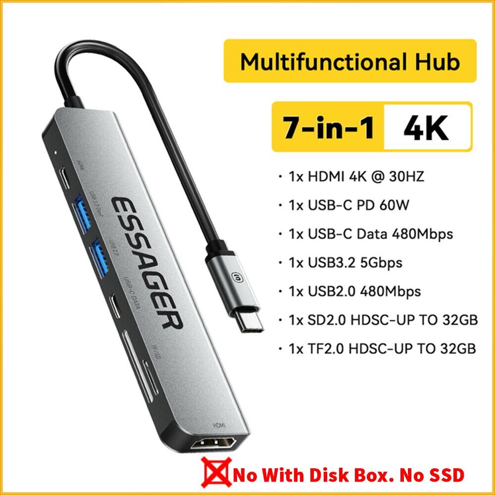 Essager 8-in-1 USB3.0 Hub With Disk Storage Function USB Type-c to HDMI 4K Compatible Laptop ...