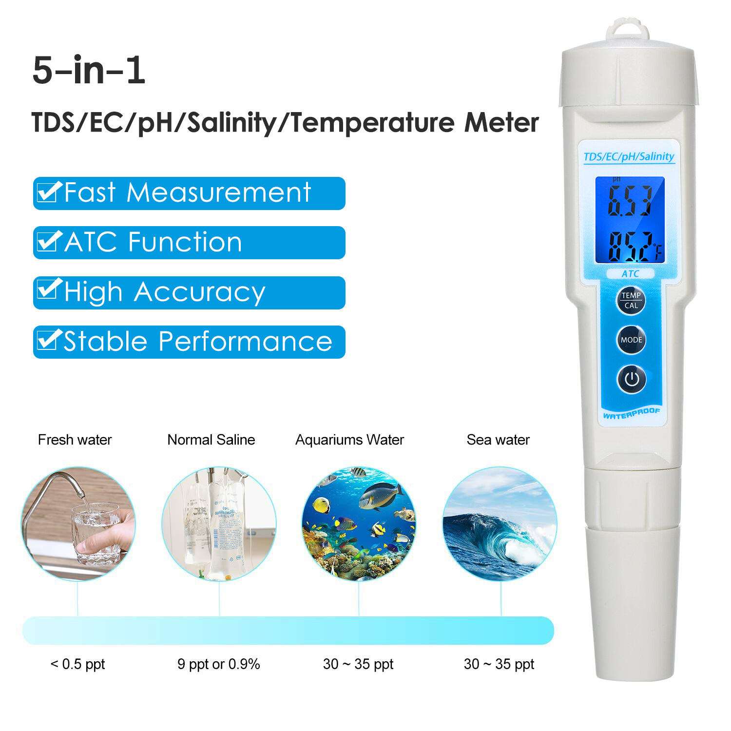 5-in-1 pH Meter Waterproof Multifunctional TDSECpHSalinityTemperature ...