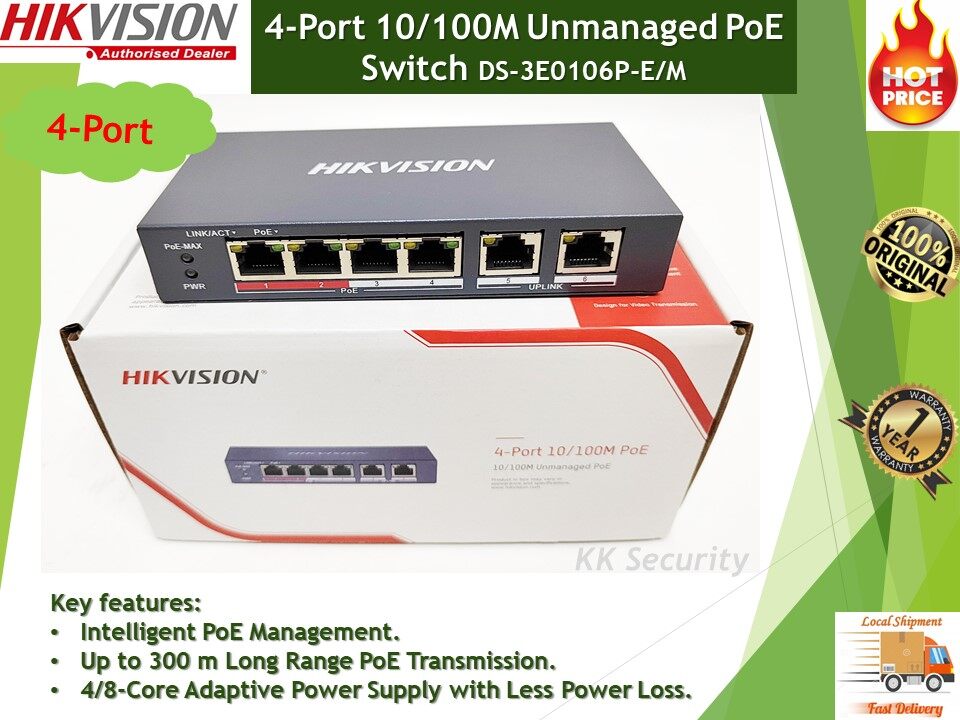 HIKVISION Brand 4 Port (DS-3E0106P-E/M) Fast Ethernet Unmanaged POE ...