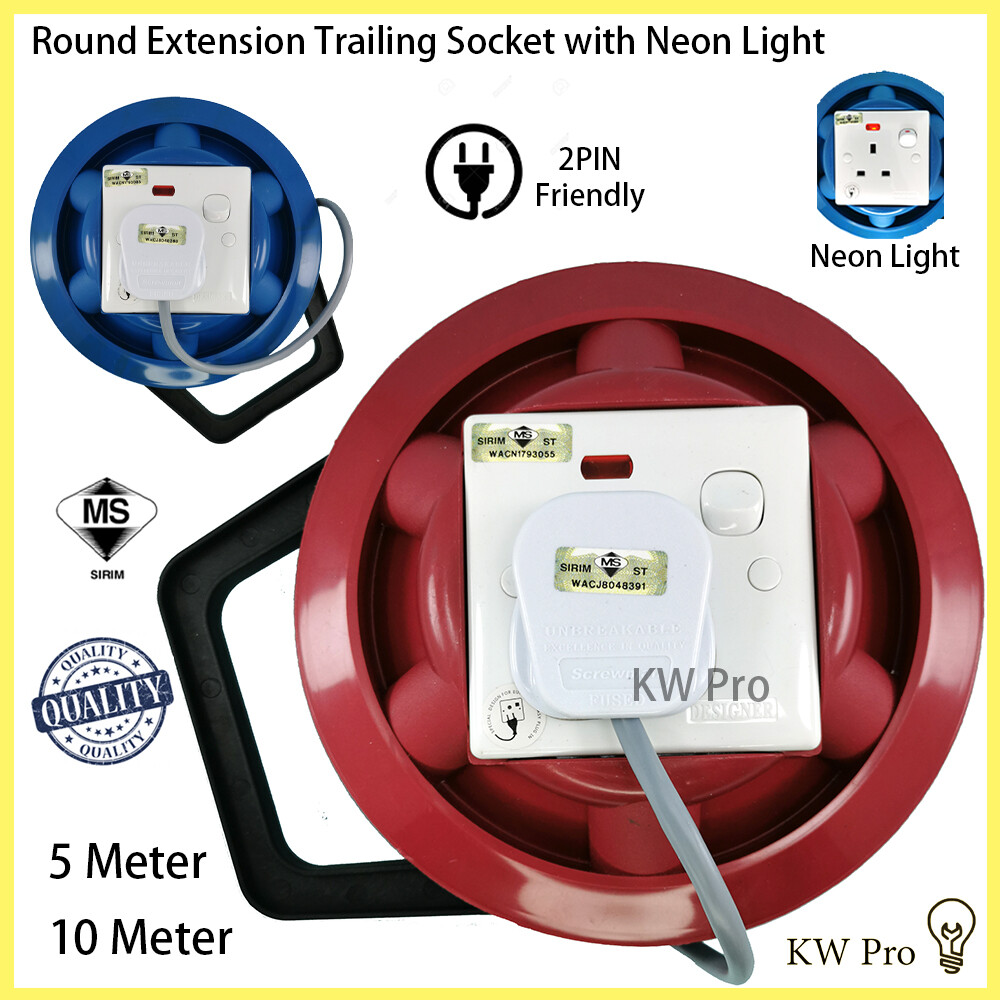 Round Extension Trailing Socket Plug Adapter 1 Way Neon Switch Socket 5 ...