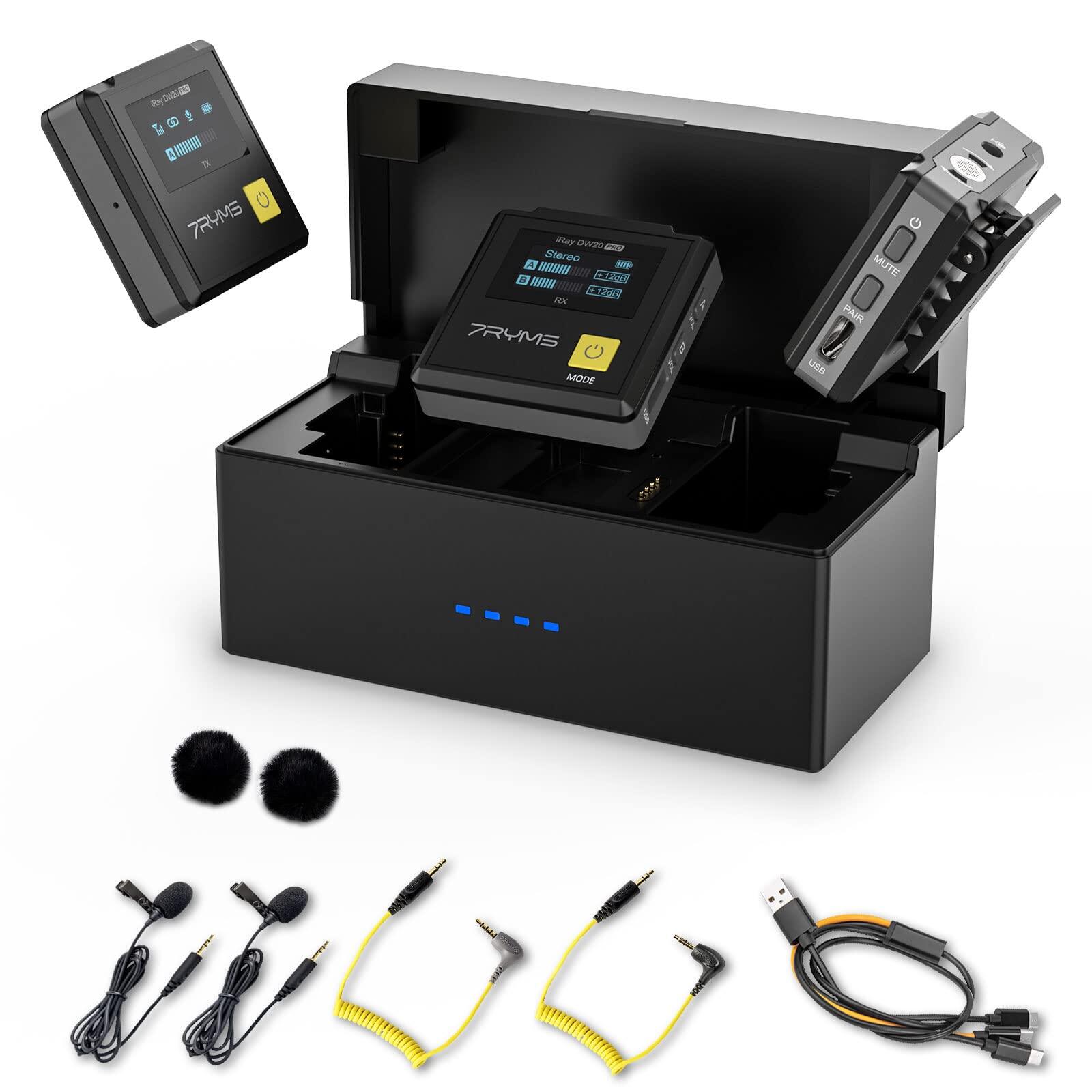 7RYMS iRAY DW20 PRO Wireless Lavalier Microphone System, 2.4G Dual-Channel Compact Lav Mic with ...