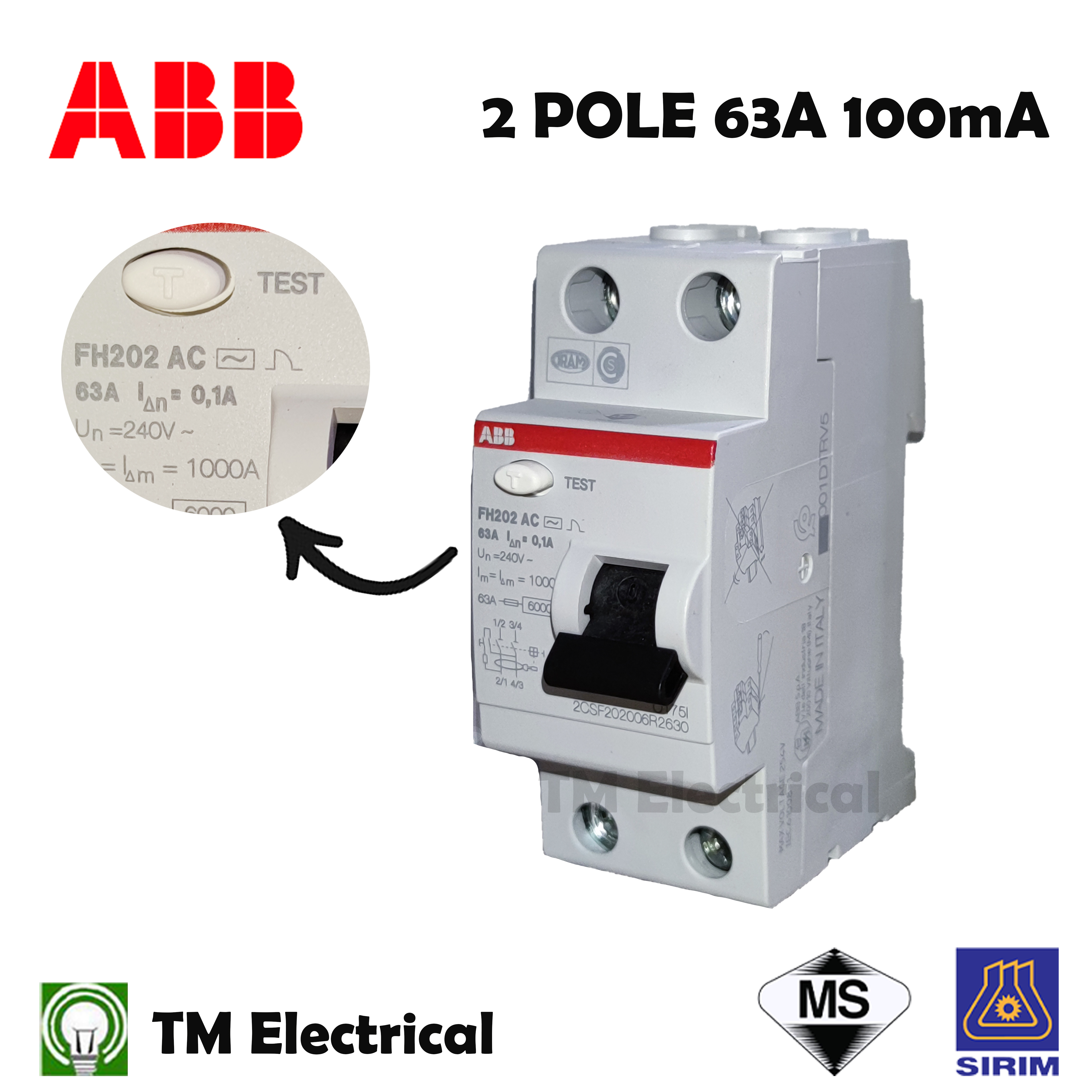 ABB ( ELCB / RCCB ) FH202 2 POLE { AC-40A/0.1 } / { AC-63A/0.1 } [ 100mA ] [ READY STOCK ...