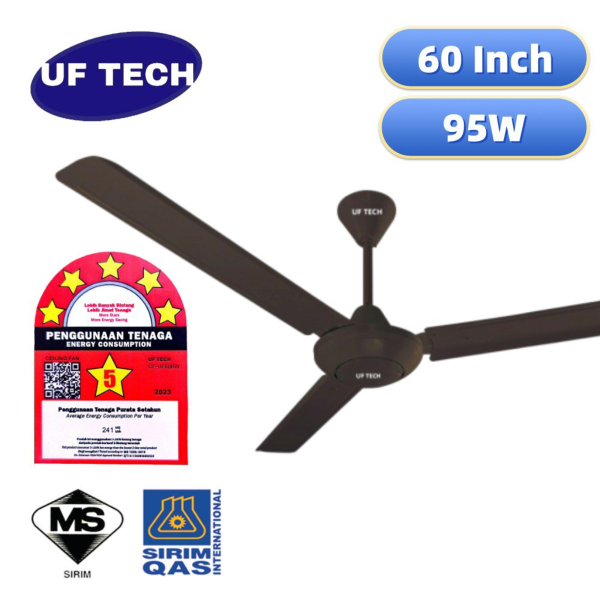 UF Tech 60" 3 Blades 5 Speed Ceiling Fan CF-UF60BW Kipas Siling Murah ...