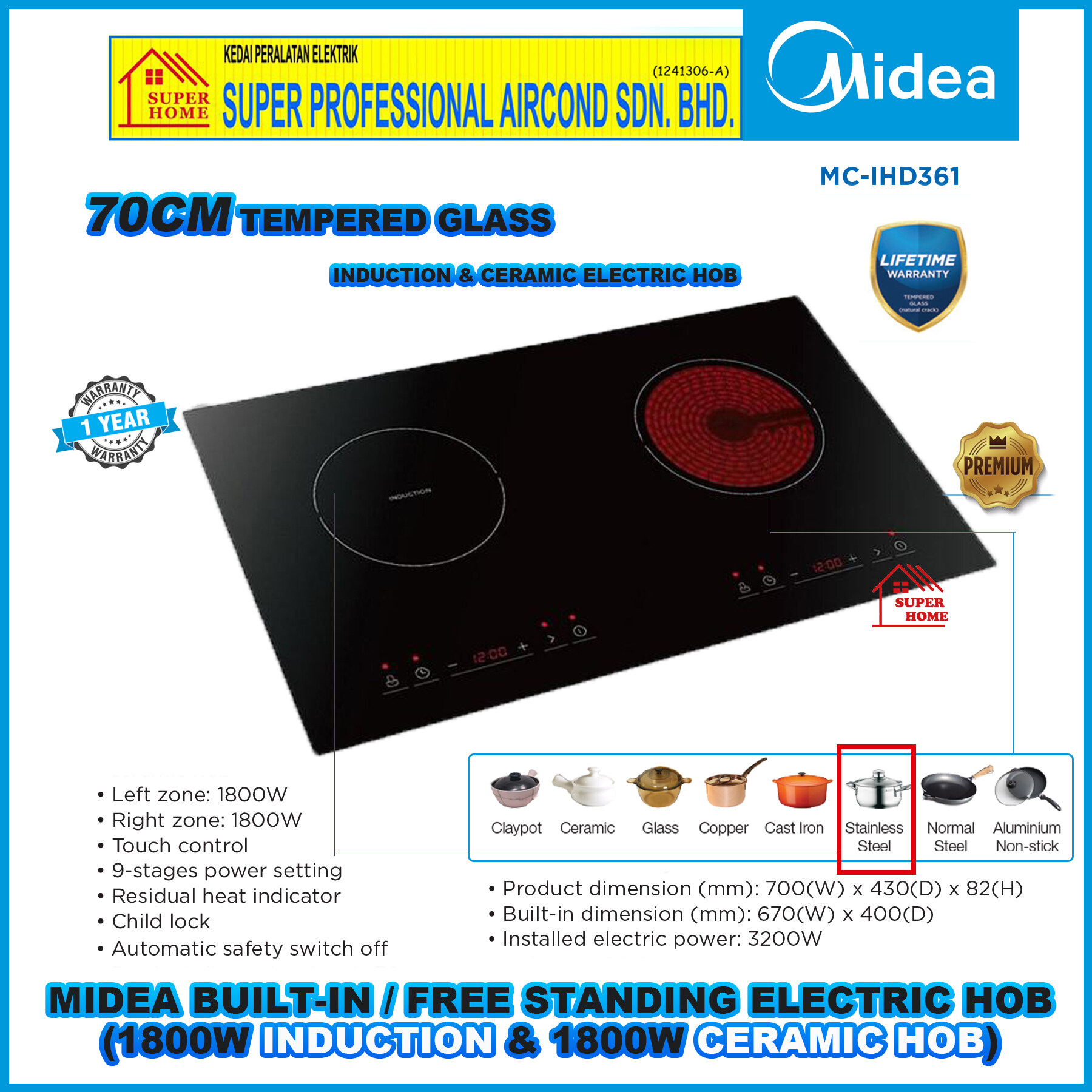 Midea Electric Hob MC-IHD361 70cm Tempered Glass Built-in / Free ...