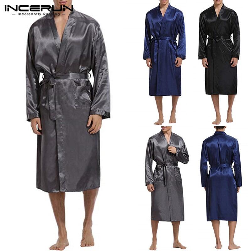 INCERUN Mens Silk Satin Robes Pajamas Long Sleeve Solid Sleepwear ...