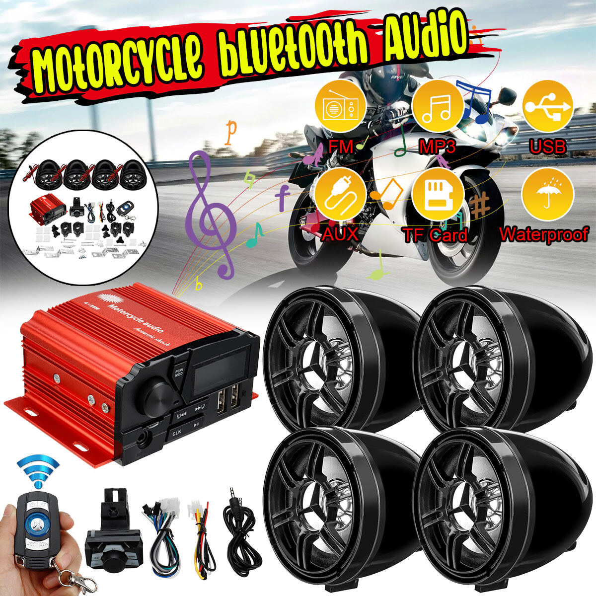 Universal 12V complete set of 4 power amplifier beach motorcycle horns ...